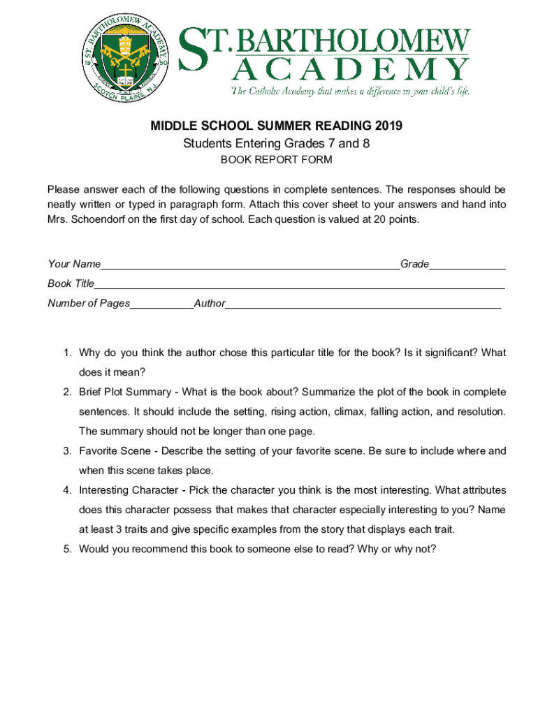 Fillable Online Best Summer Reading Book List for Middle Schoolers ...