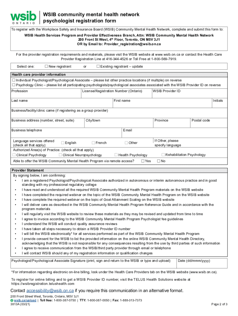 Fillable Online WSIB community mental health network psychologist ...