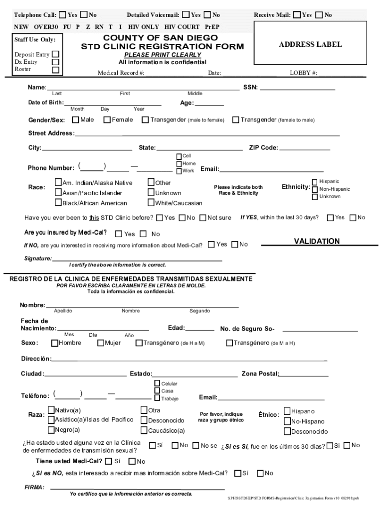 Fillable Online COUNTY OF SAN DIEGO STD CLINIC REGISTRATION FORM ...