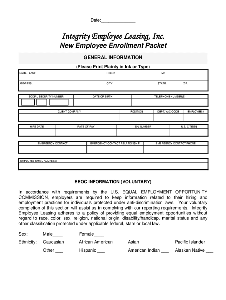 Fillable Online New Employee Enrollment Packet - Integrity Employee ...