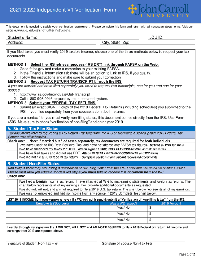 Fillable Online 2021-2022 Independent V1 Verification Form Fax Email ...