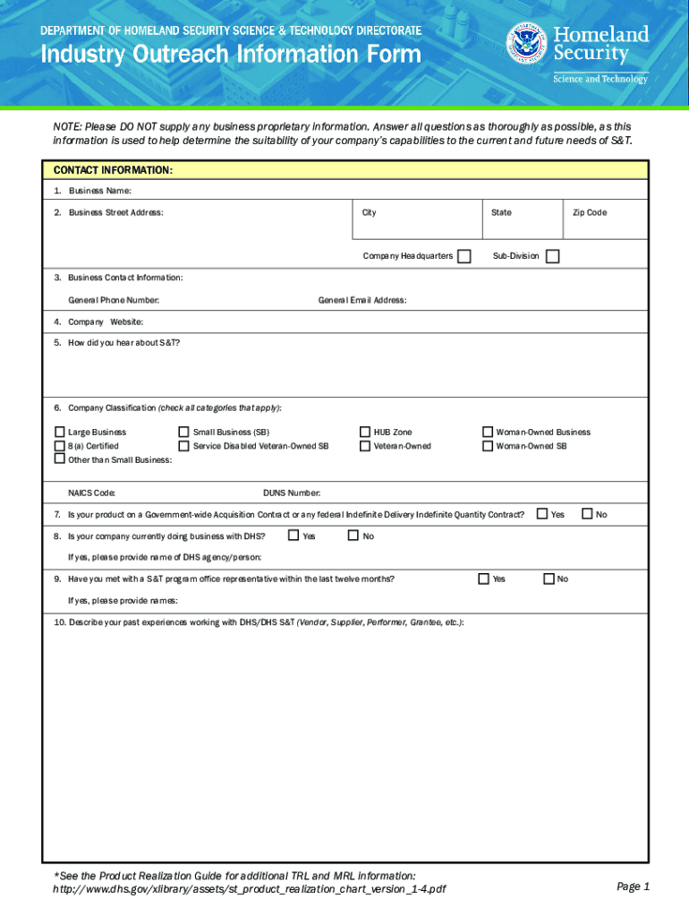 Fillable Online Form DHS 1640 0036 DHS 1640 0036 DHS Industry Outreach ...