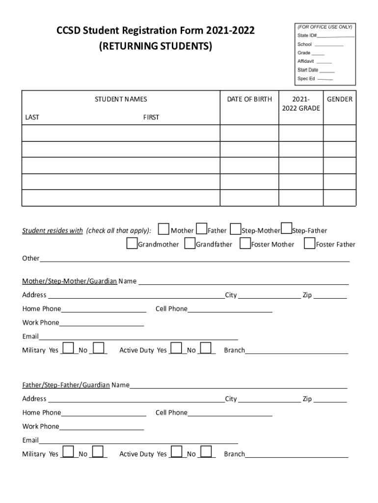 Fillable Online 2021-2022 Returning Student/Family Registration Form ...
