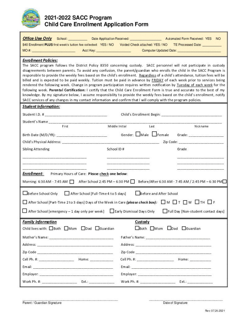 Fillable Online Fillable Online 2019-2020 SACC Program Child Care ...