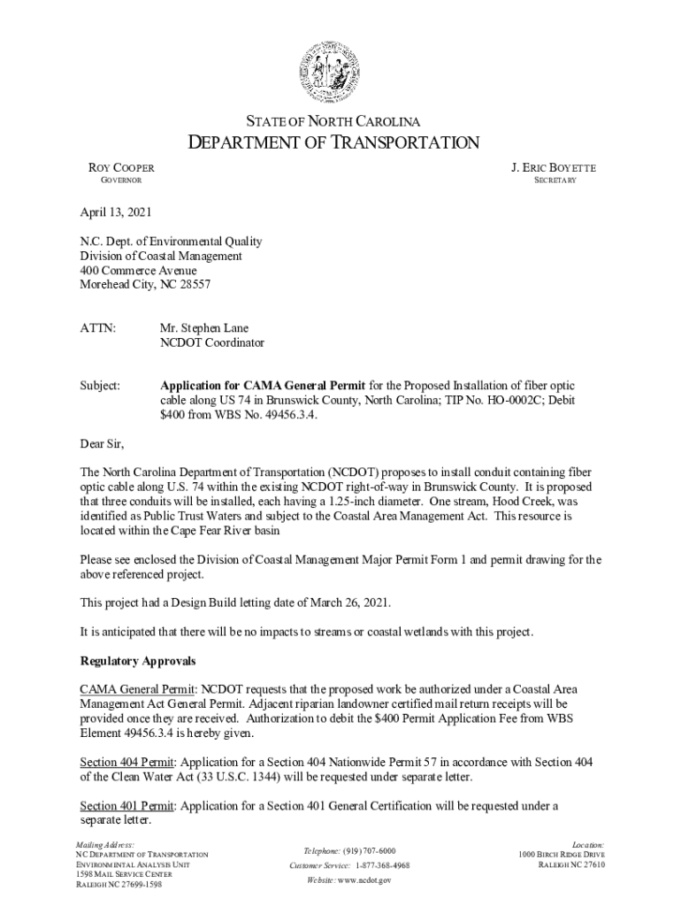 Fillable Online Application for CAMA General Permit for the Proposed ...