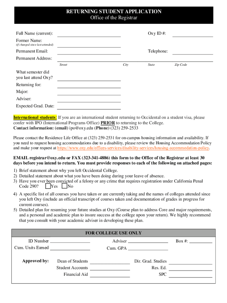 Fillable Online RETURNING STUDENT APPLICATION Office of the Registrar - oxy.edu Fax Email Print ...