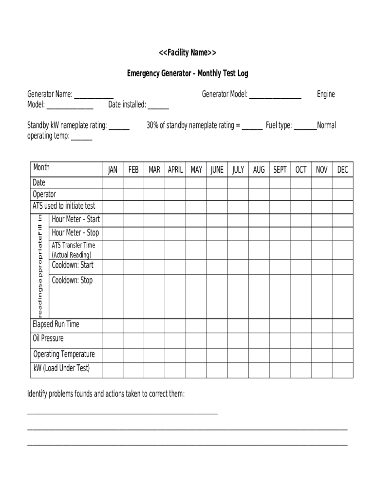 Emergency GeneratorMonthly Test Log Doc Template | pdfFiller