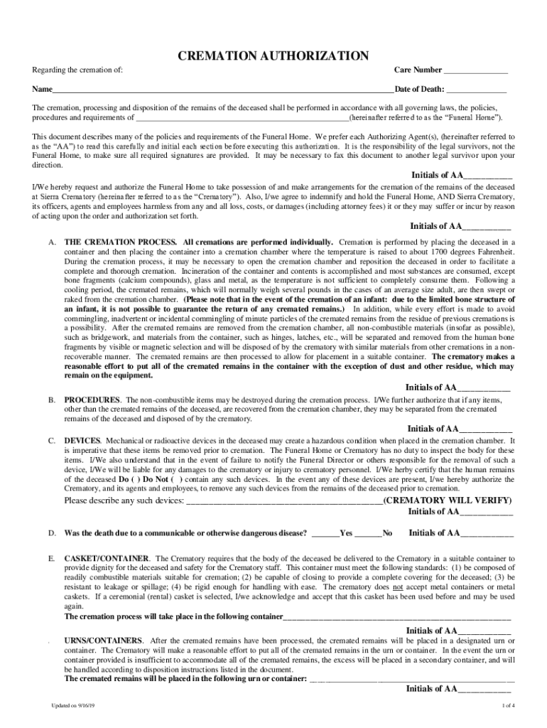 Fillable Online DOC Form OP-140111B "Authorization for Cremation and ...
