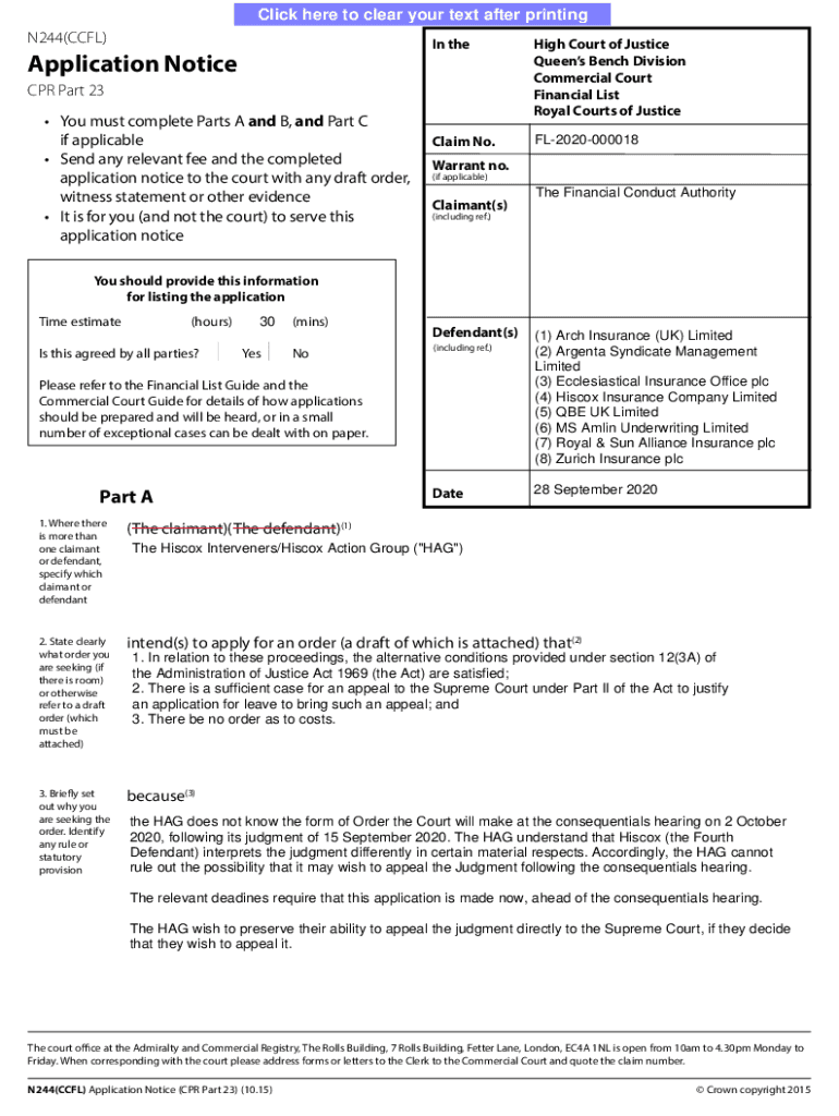 Fillable Online N244(CCFL) In the High Court of Justice Application ...