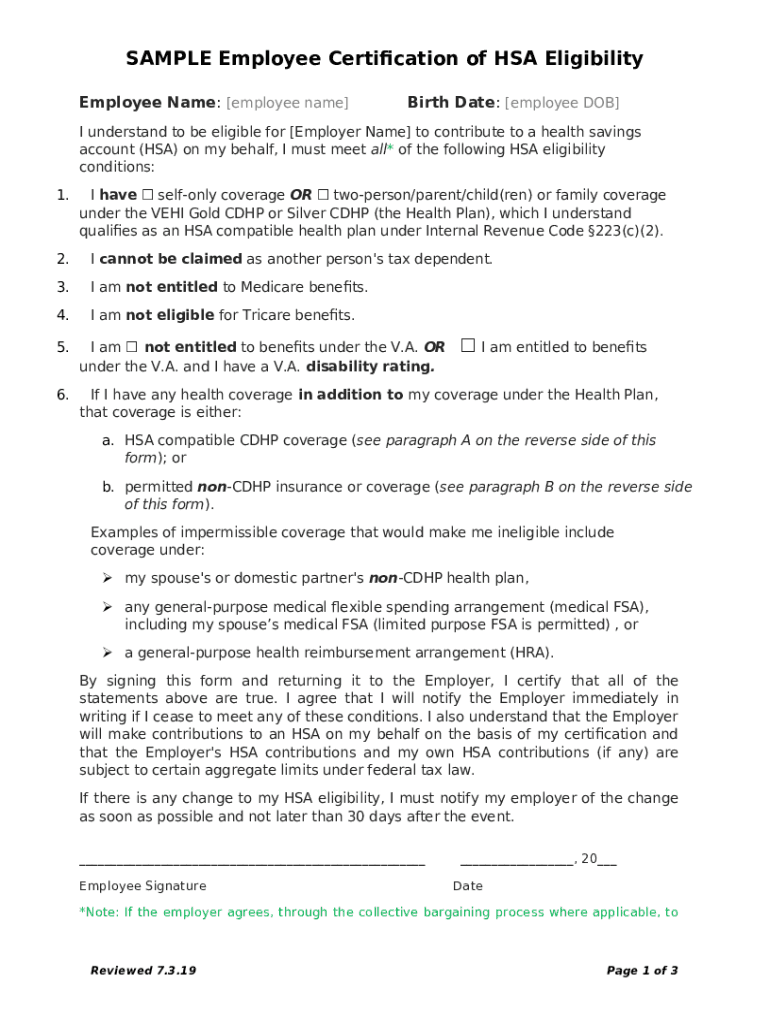 Certification of HSA Eligibility. HSA Doc Template | pdfFiller