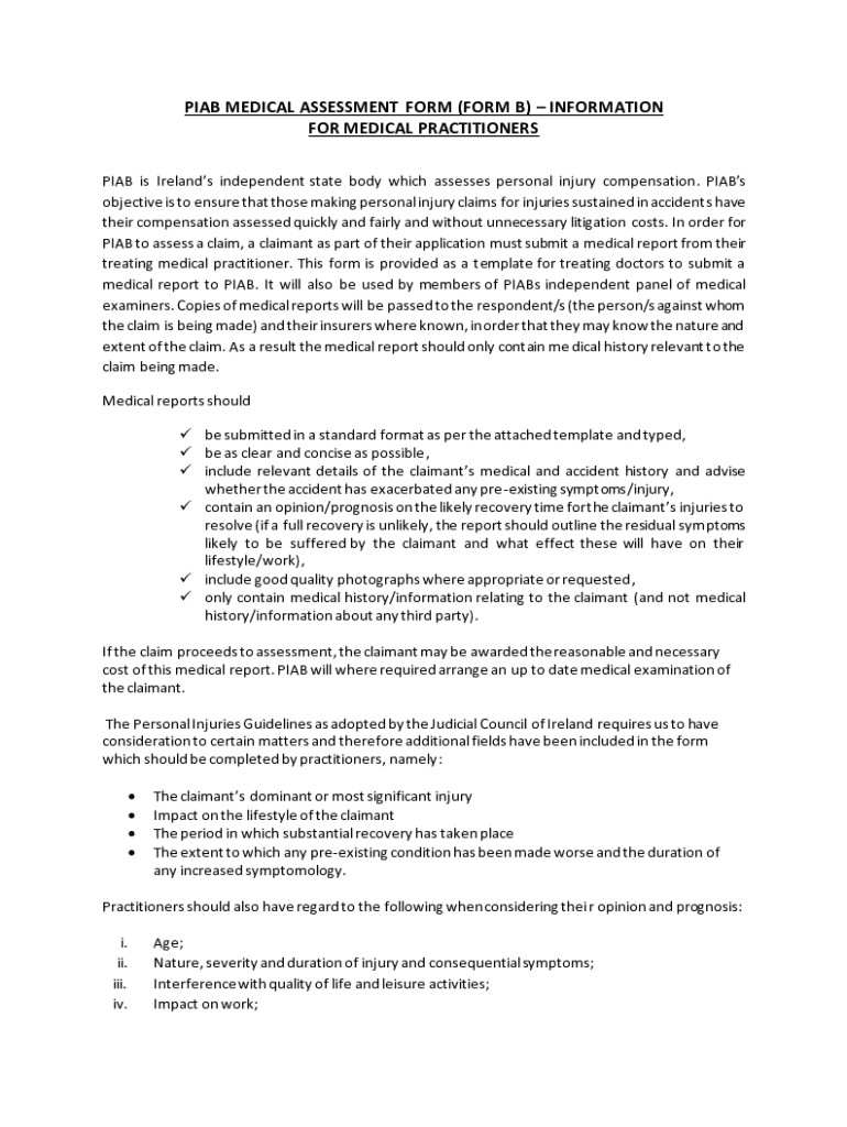 Fillable Online PIAB MEDICAL ASSESSMENT FORM (FORM B) INFORMATION FOR ...
