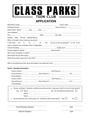 Fillable Online Application for Teen Club Participants Fax Email Print ...