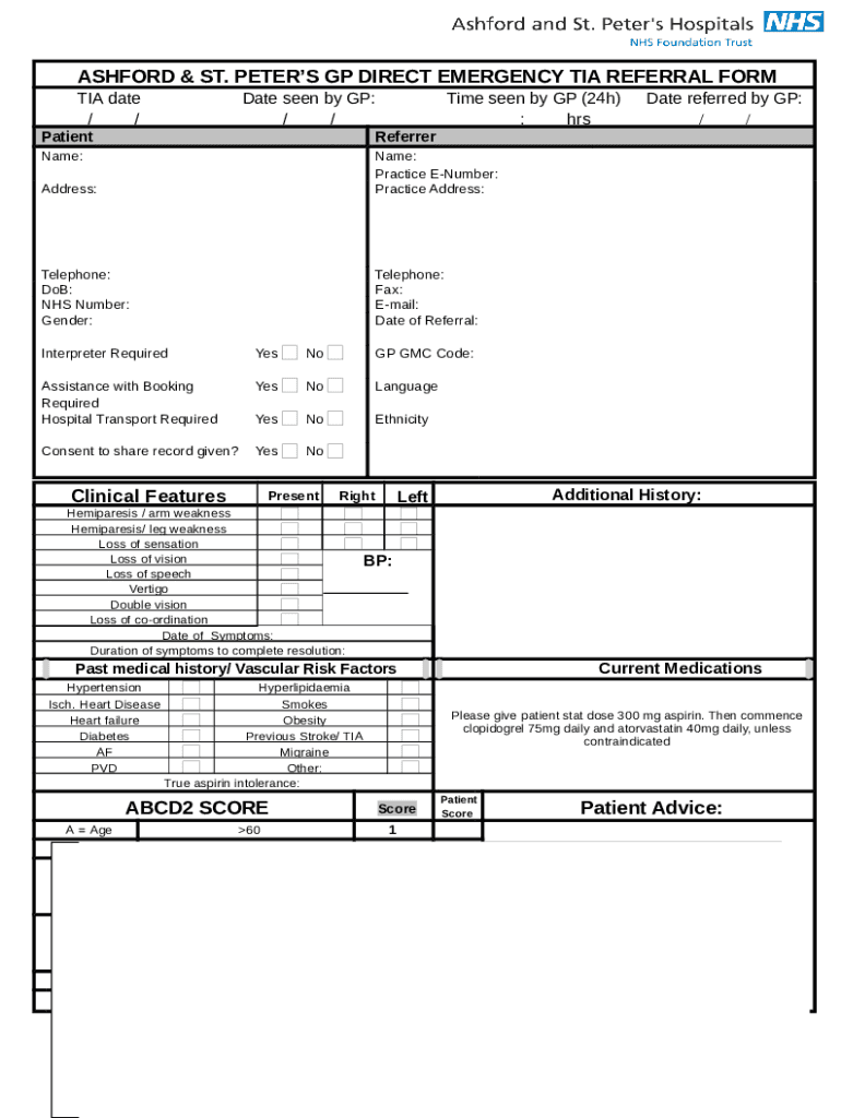 ST PETERS AND ASHFORD GP DIRECT EMERGENCY TIA REFERRAL Doc Template ...