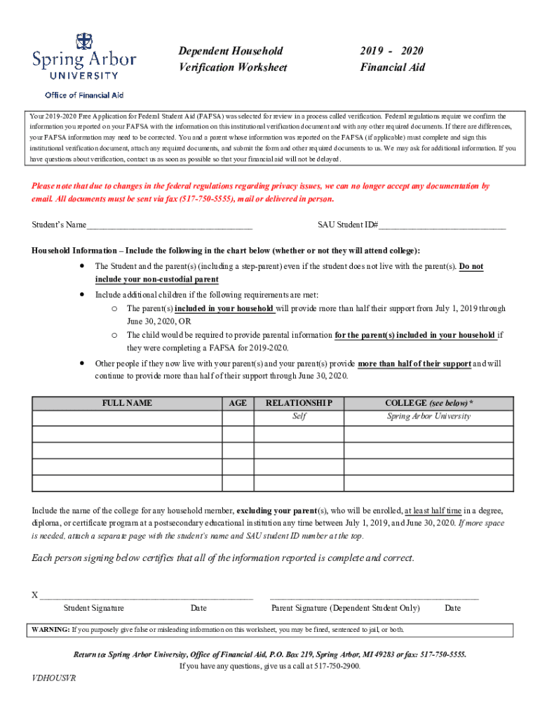 Fillable Online Office of Financial Aid Dependent Verification Worksheet ... Fax Email Print ...