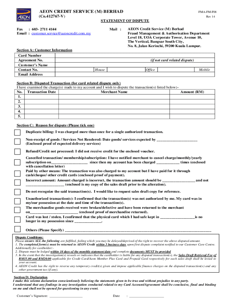 Fillable Online AEON CREDIT SERVICE (M) BERHAD FMA (Co.412767-V ...