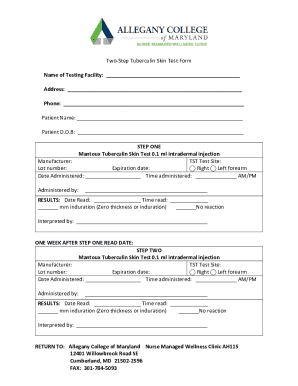 Fillable Online One-Step Tuberculin Skin Test Form - Allegany College ...