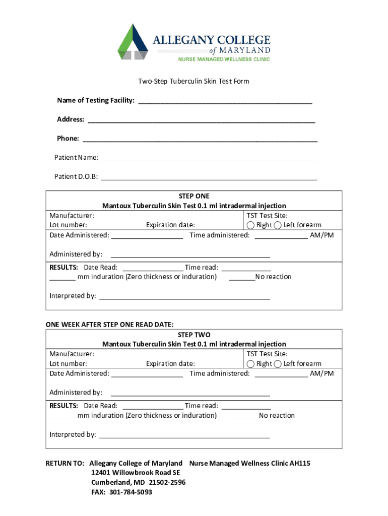 Fillable Online One-Step Tuberculin Skin Test Form - Allegany College ...