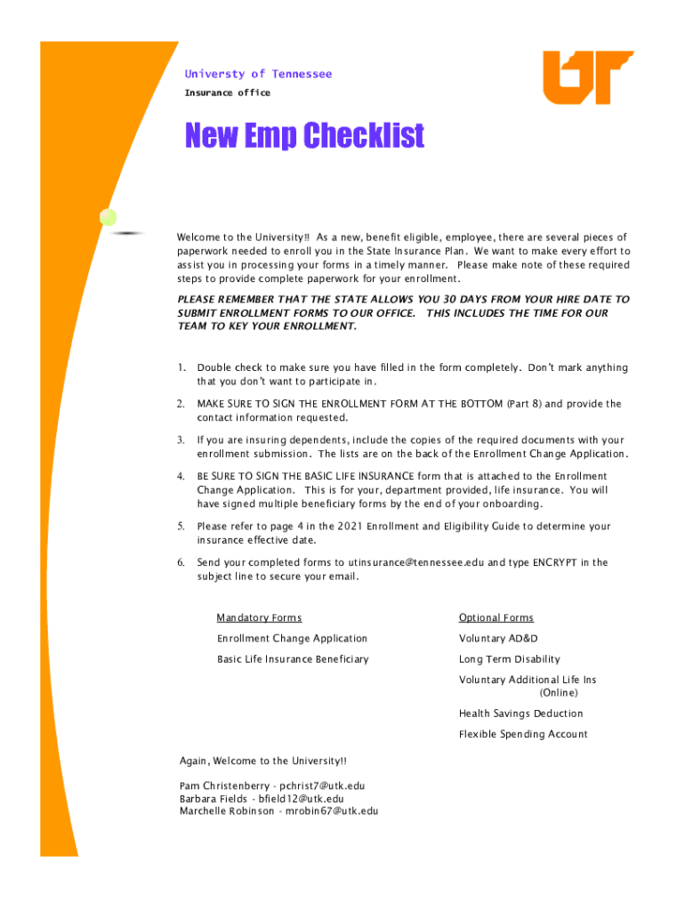 Fillable Online hr utk Insurance office New Emp Checklist - University ...