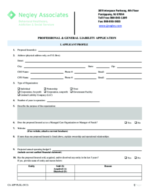 Fillable Online PROFESSIONAL & GENERAL LIABILITY APPLICATION Fax Email ...