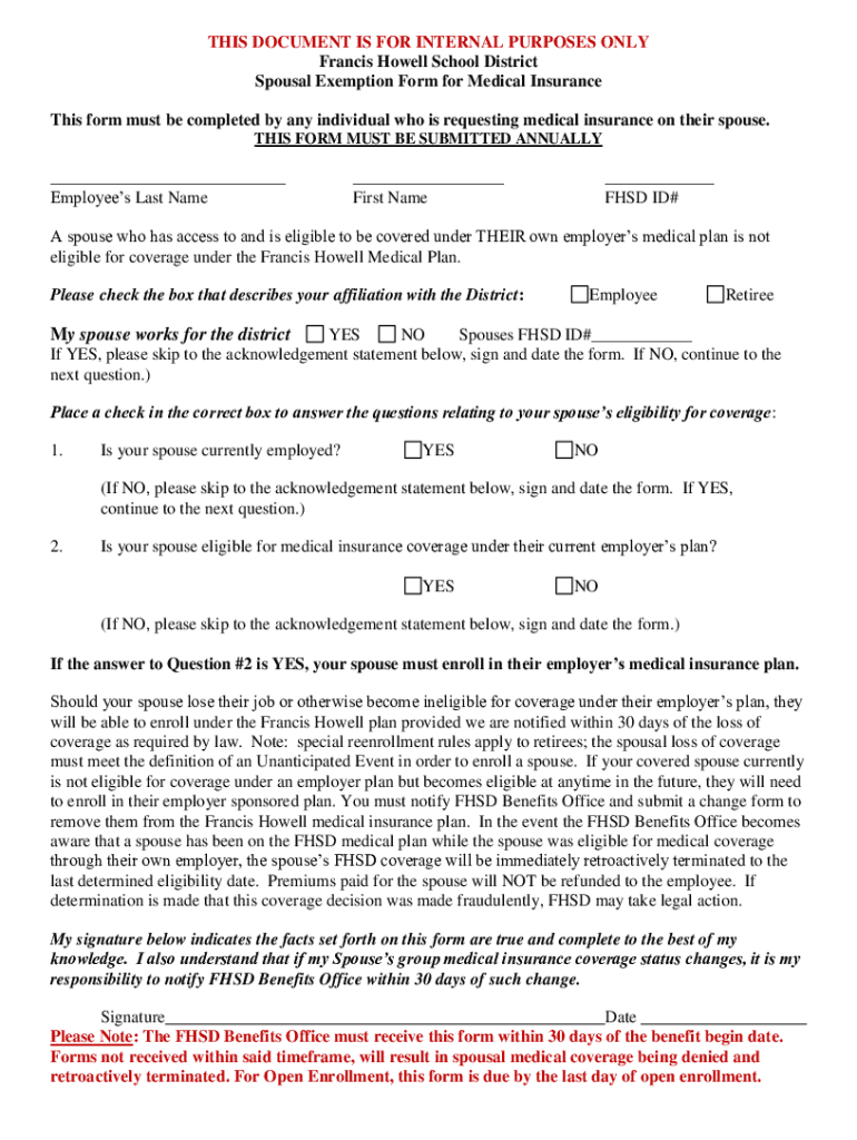 Fillable Online FHSD Spousal Exemption Form for Medical Insurance Fax ...