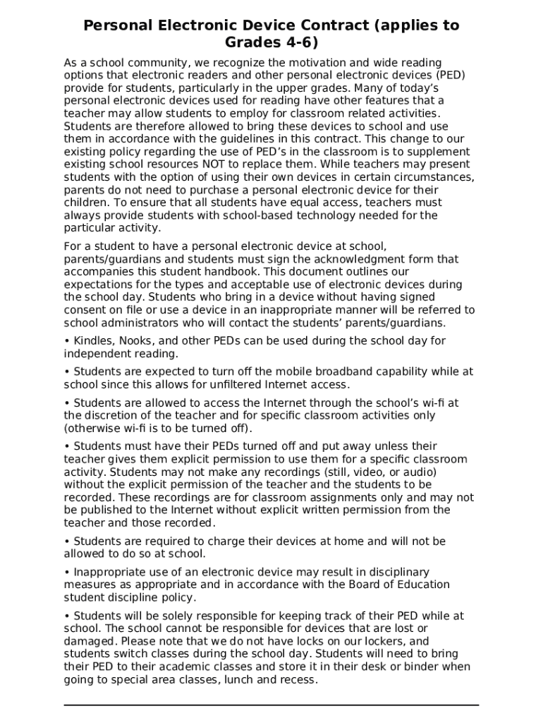 Personal Electronic Device Contract (applies to Grades 4-6) Doc ...