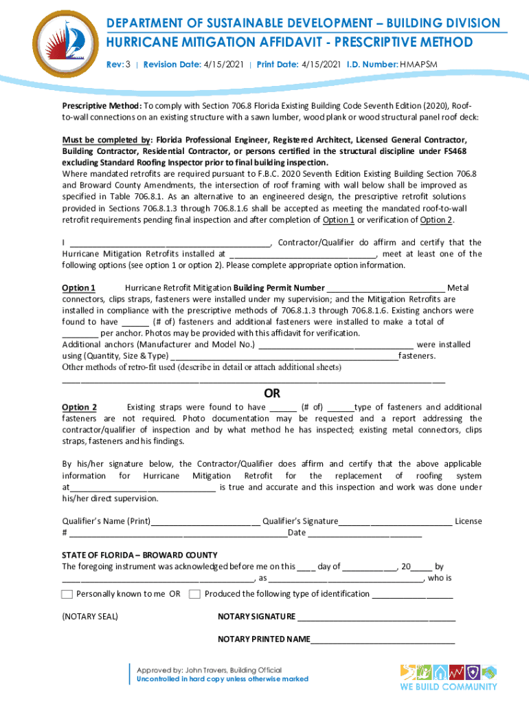 Fillable Online HURRICANE MITIGATION AFFIDAVIT - PRESCRIPTIVE METHOD ...