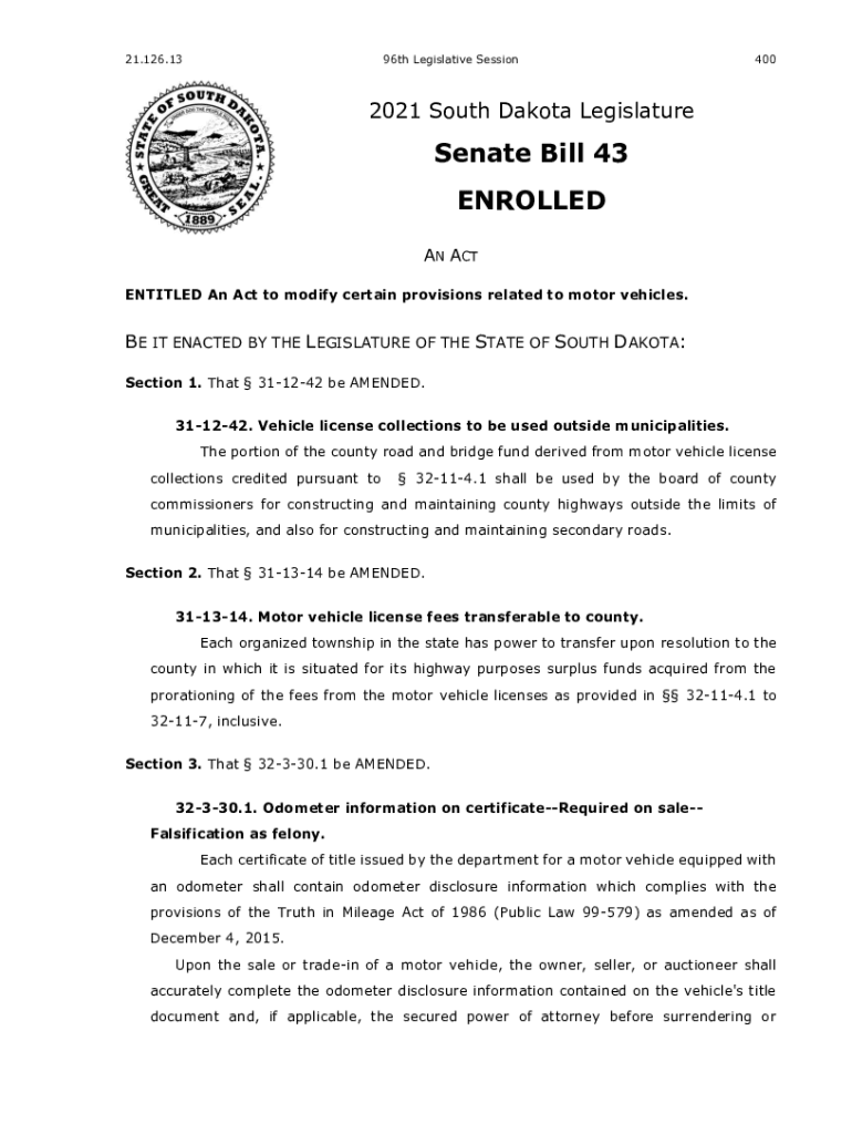 Fillable Online SDLRC - 2021 Senate Bill 43 - SD Legislature modify ...