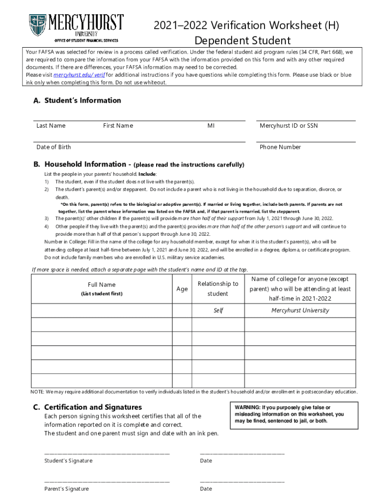 Fillable Online 20212022 Dependent Household Verification Worksheet Fax Email Print - pdfFiller