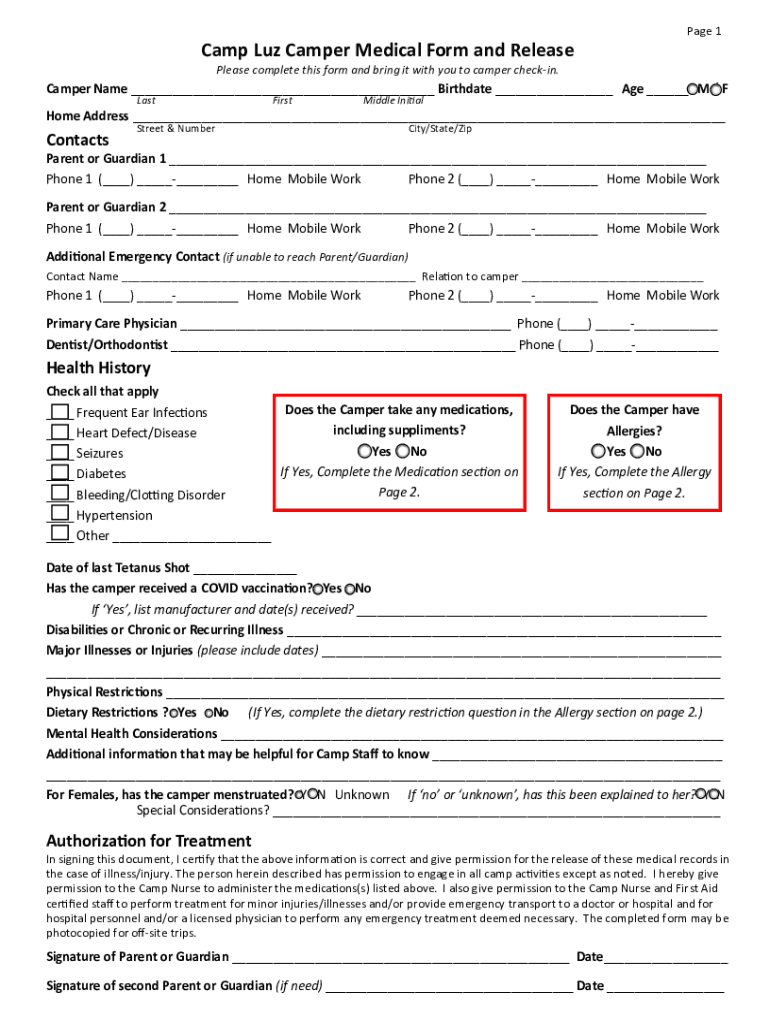 Fillable Online CAMPER HEALTH HISTORY FORM1 - American Camp ...
