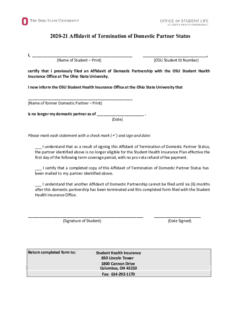 Fillable Online shi osu DISSOLUTION OF DOMESTIC PARTNERSHIP AFFIDAVIT ...