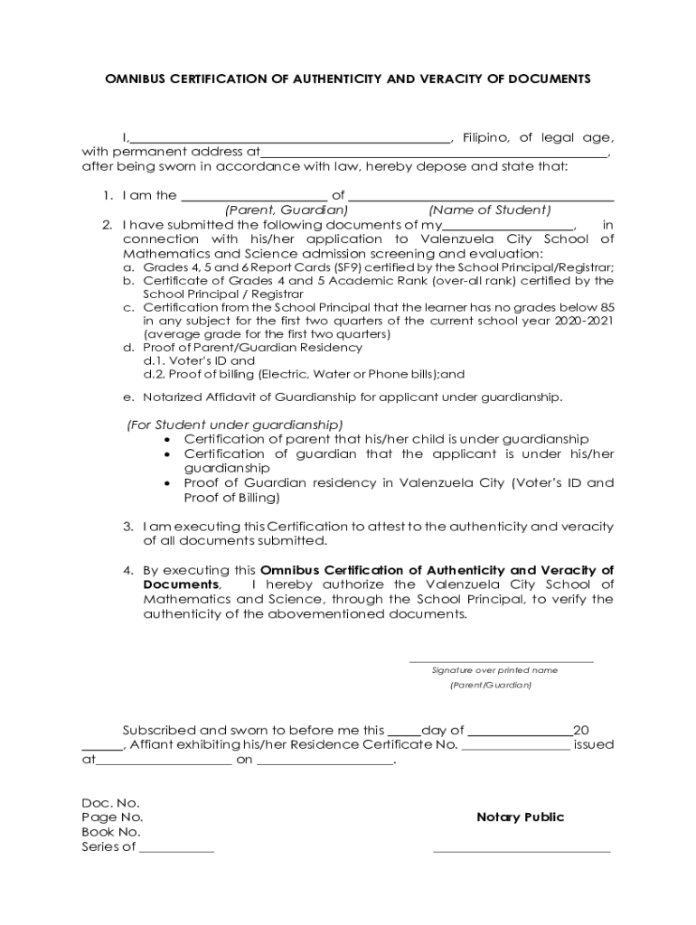 Fillable Online (DOC) OMNIBUS CERTIFICATION OF AUTHENTICITY AND ...