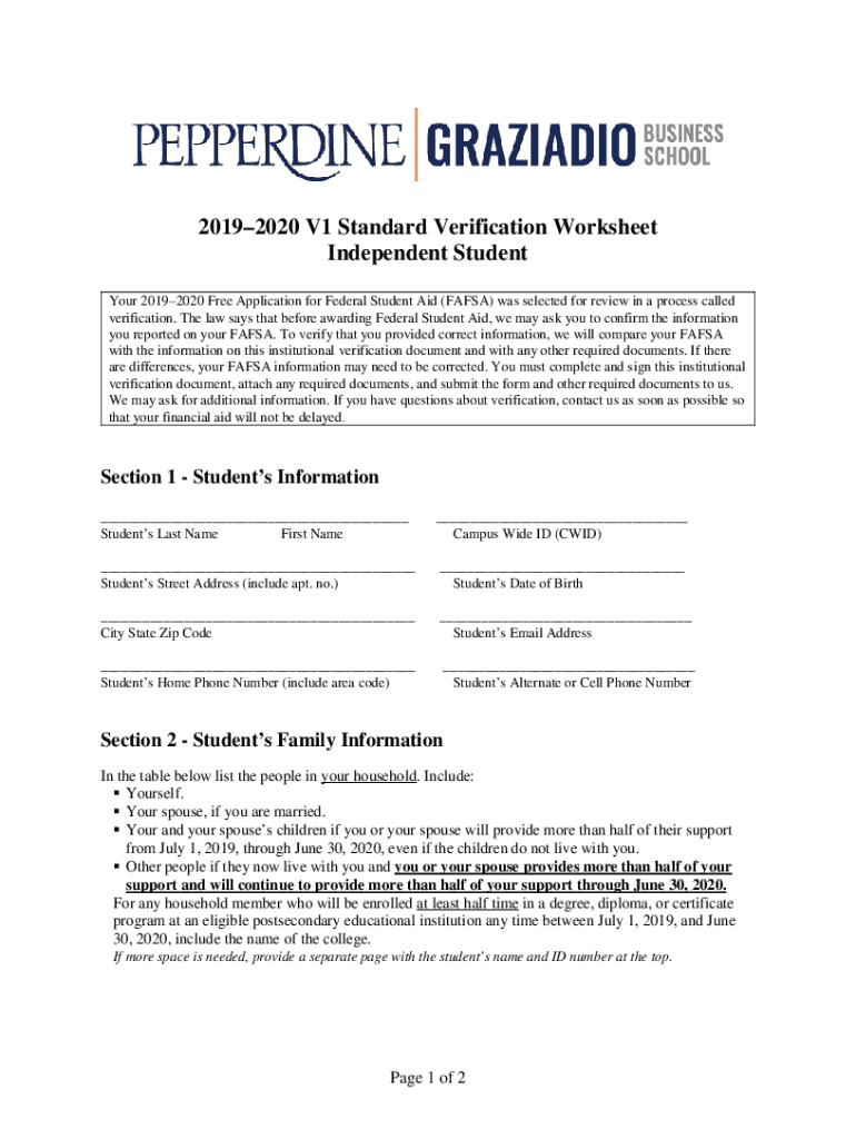 Fillable Online bschool pepperdine 2019-2020 V1 Standard Verification Worksheet Independent ...