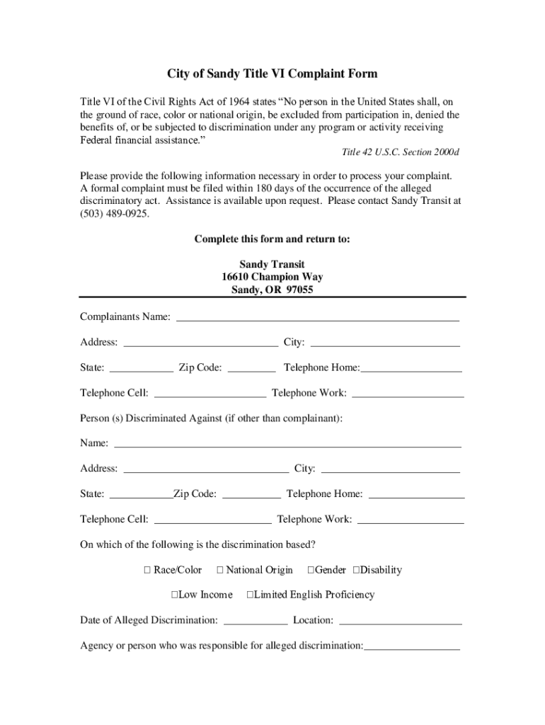 Fillable Online Title Vl Complaint Form Title VI of the Civil Rights ...