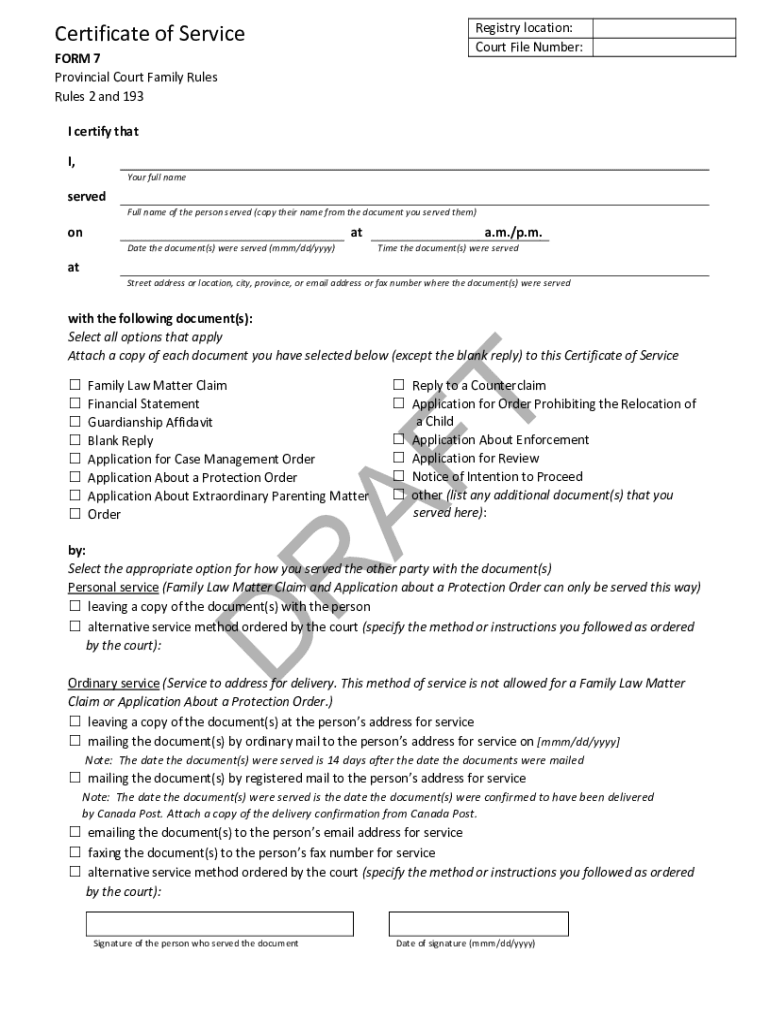 Fillable Online Form 7 - Certificate of Service - Provincial Court ...