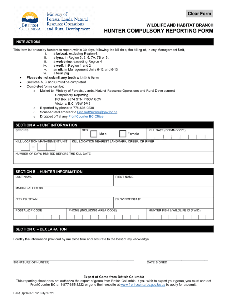 Fillable Online HUNTER COMPULSORY REPORTING FORM - Province of British ...
