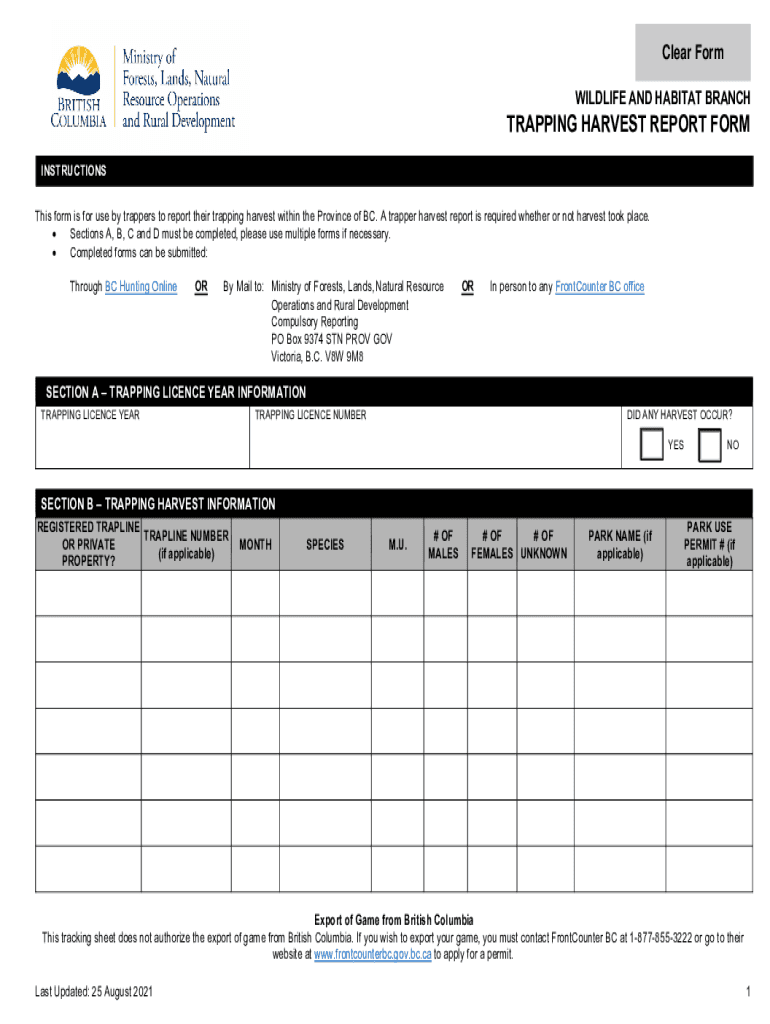 Fillable Online WILDLIFE AND HABITAT BRANCH TRAPPING HARVEST REPORT ...