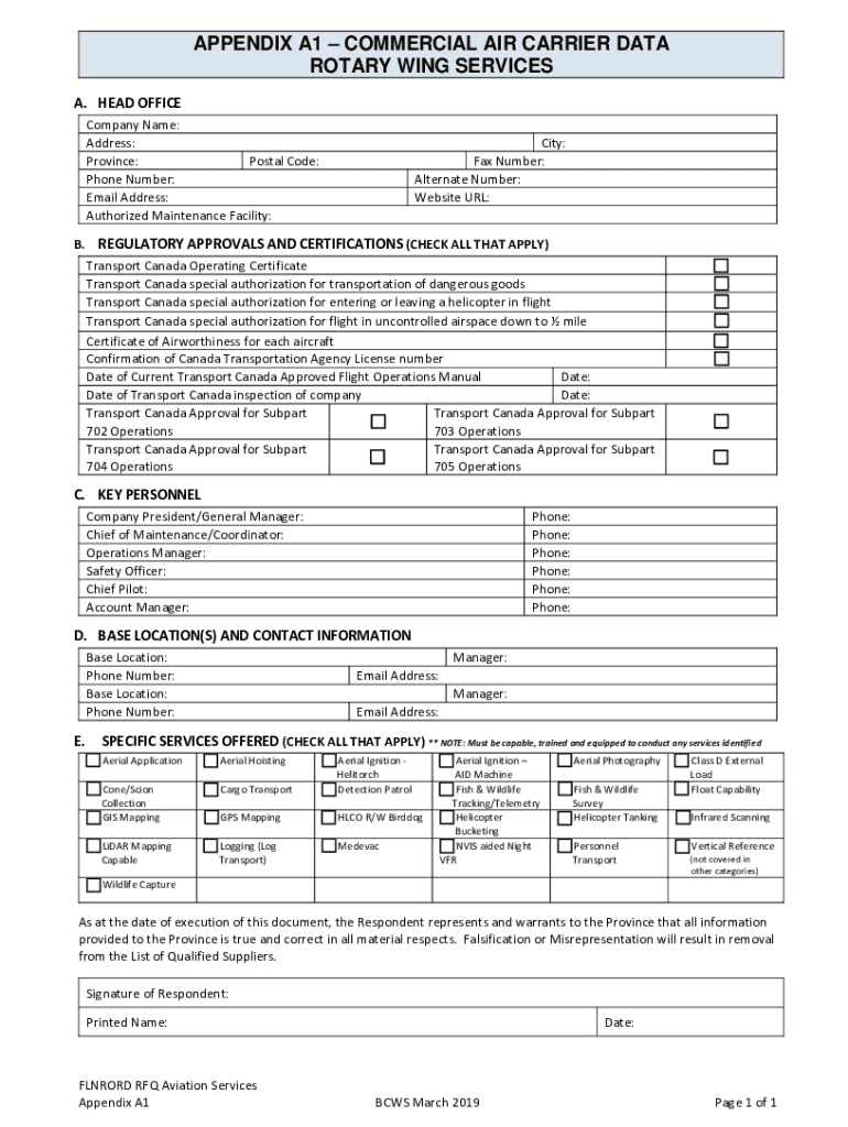 Fillable Online APPENDIX A1 COMMERCIAL AIR CARRIER DATA ROTARY WING SERVICES Fax Email Print ...