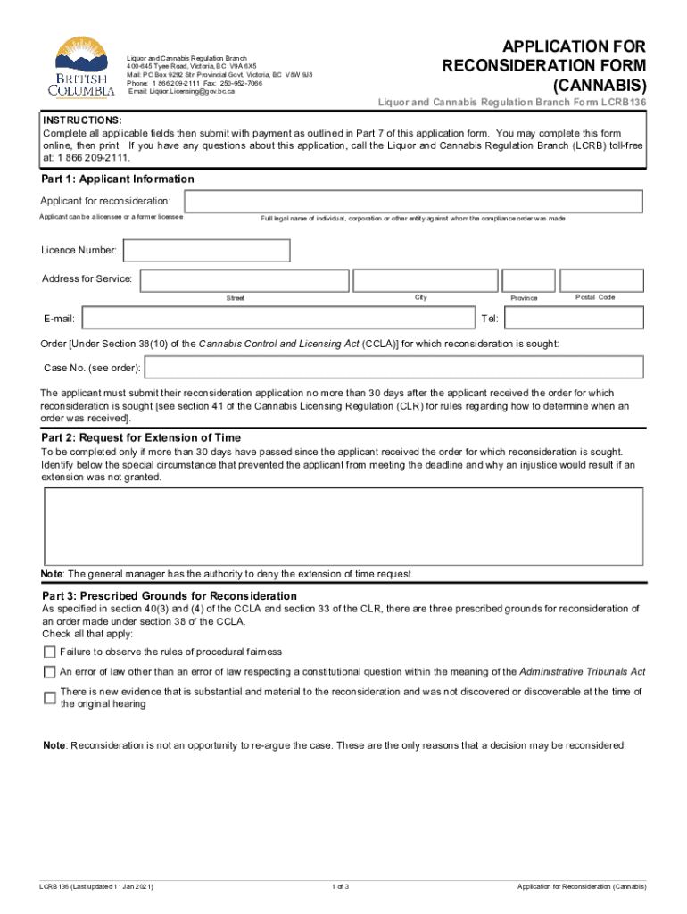 Fillable Online RECONSIDERATION FORM (CANNABIS) Liquor ... - British Columbia Fax Email Print ...