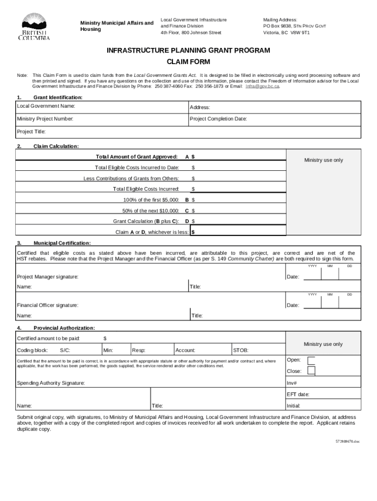 Infrastructure Planning Grant - gov.bc.ca Doc Template | pdfFiller