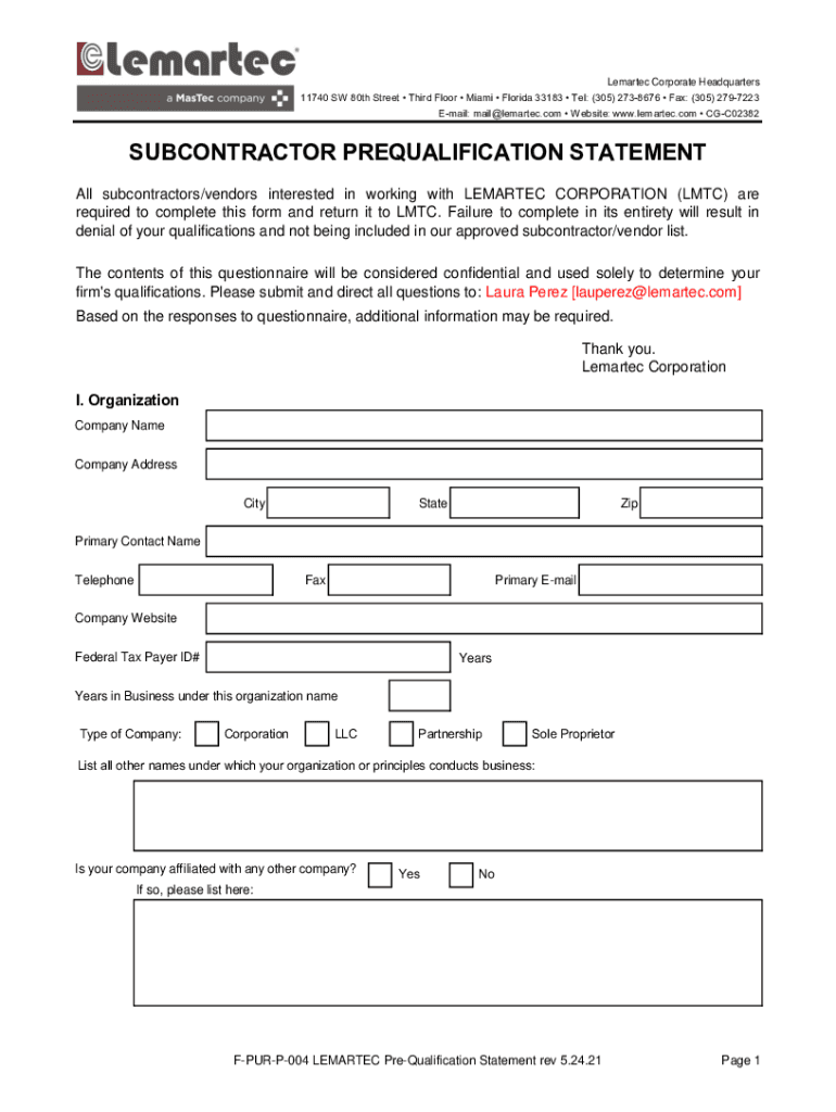 Fillable Online SUBCONTRACTOR PREQUALIFICATION STATEMENT - lemartec.com ...