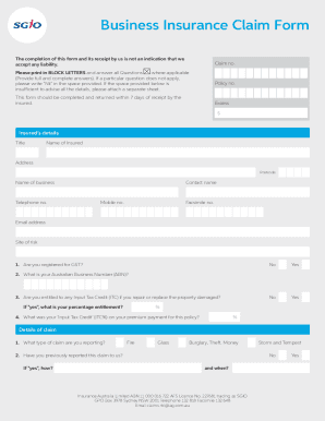 Fillable Online Business Insurance Claim Form - SGIO Fax Email Print ...