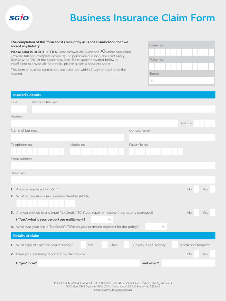Fillable Online Business Insurance Claim Form - SGIO Fax Email Print ...