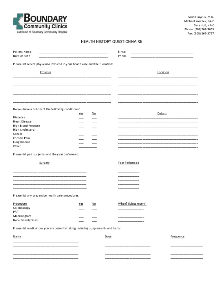 Fillable Online HEALTH HISTORY QUESTIONNAIRE - Boundary Community Hospital Fax Email Print ...