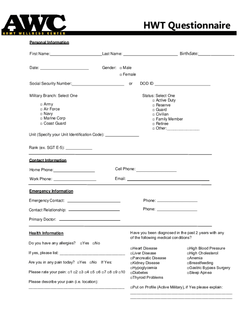 Fillable Online HWT Questionnaire Fax Email Print - pdfFiller