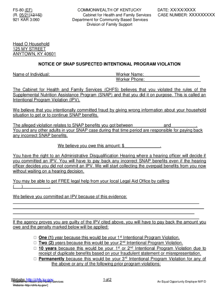 Fillable Online chfs ky FS-80 (EF) Notice of SNAP Suspected Intentional ...