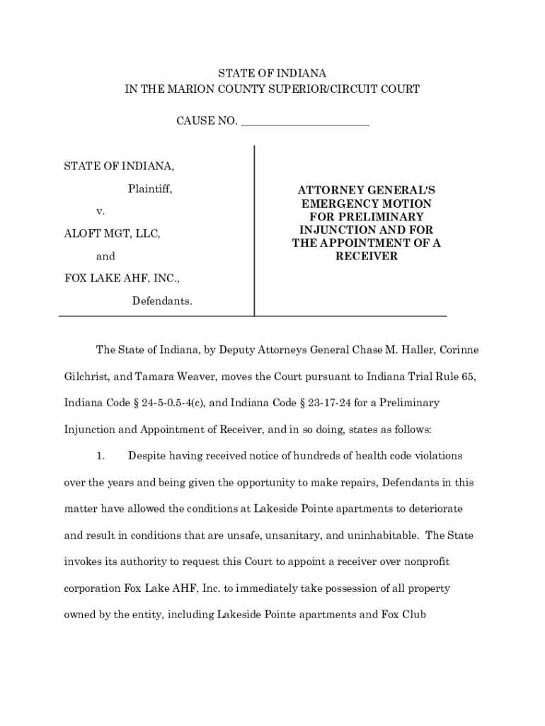 Fillable Online STATE OF INDIANA IN THE MARION COUNTY SUPERIOR/CIRCUIT ...