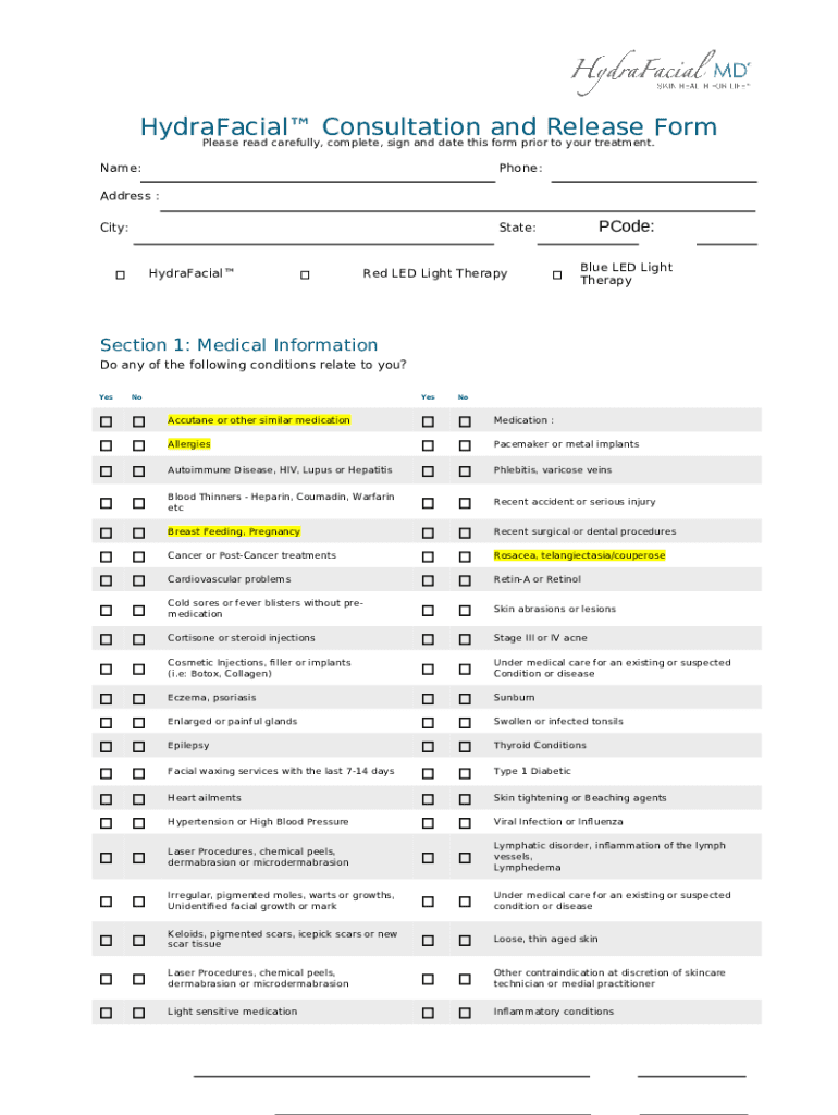 HydraFacial, MD Consent and Release Doc Template | pdfFiller