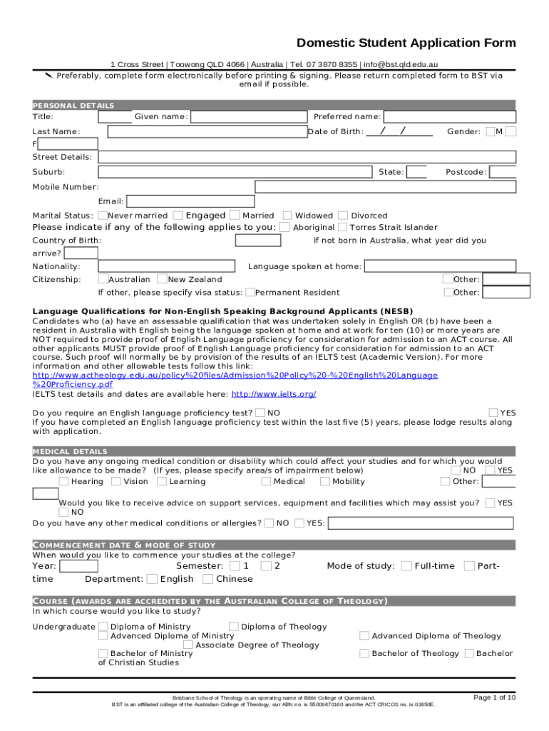 BST Application - Domestic Student - bst qld edu Doc Template | pdfFiller