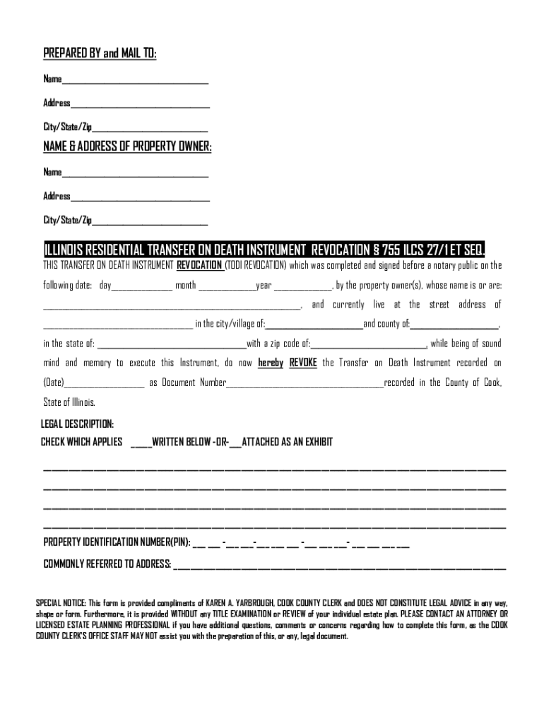 Fillable Online ILLINOIS RESIDENTIAL TRANSFER ON DEATH INSTRUMENT ...