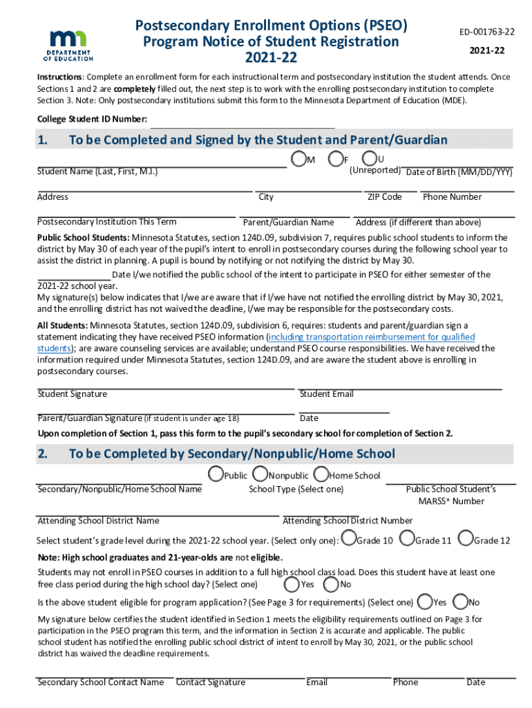 Fillable Online education mn PSEO: Post Secondary Enrollment Options ...